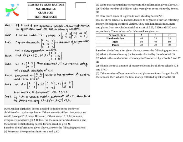 Class 12 Matrices Test | PDF | Mathematics | Mathematical Analysis