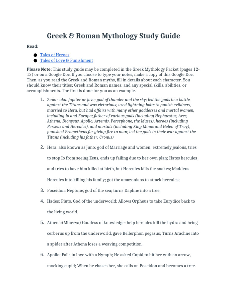 Greek & Roman Mythology Study Guide | PDF | Hera | Hades