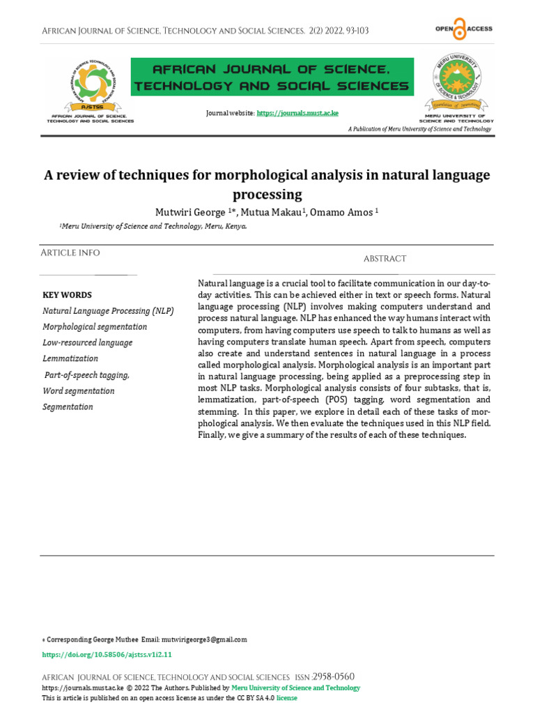 A Review of Techniques For Morphological Analysis in Natural Language Processing | PDF ...
