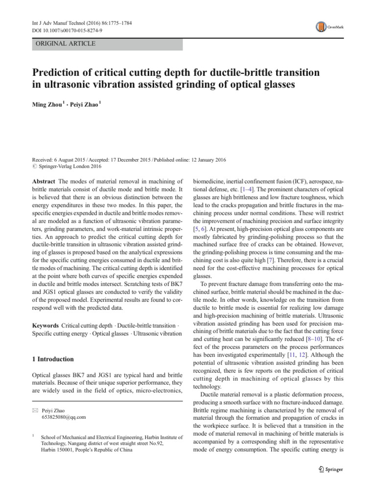 Prediction of Critical Cutting Depth For Ductile-Brittle Transition in Ultrasonic Vibration ...