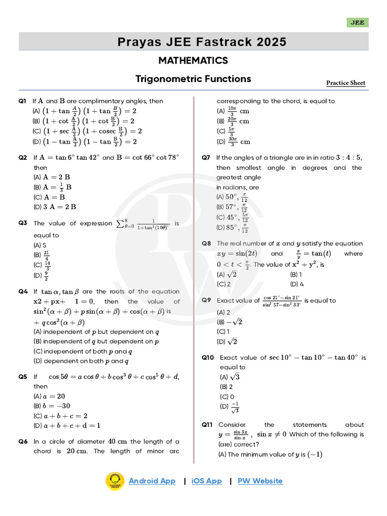 Trigonometric Functions - Practice Sheet - Prayas JEE Fastrack 2025 ...