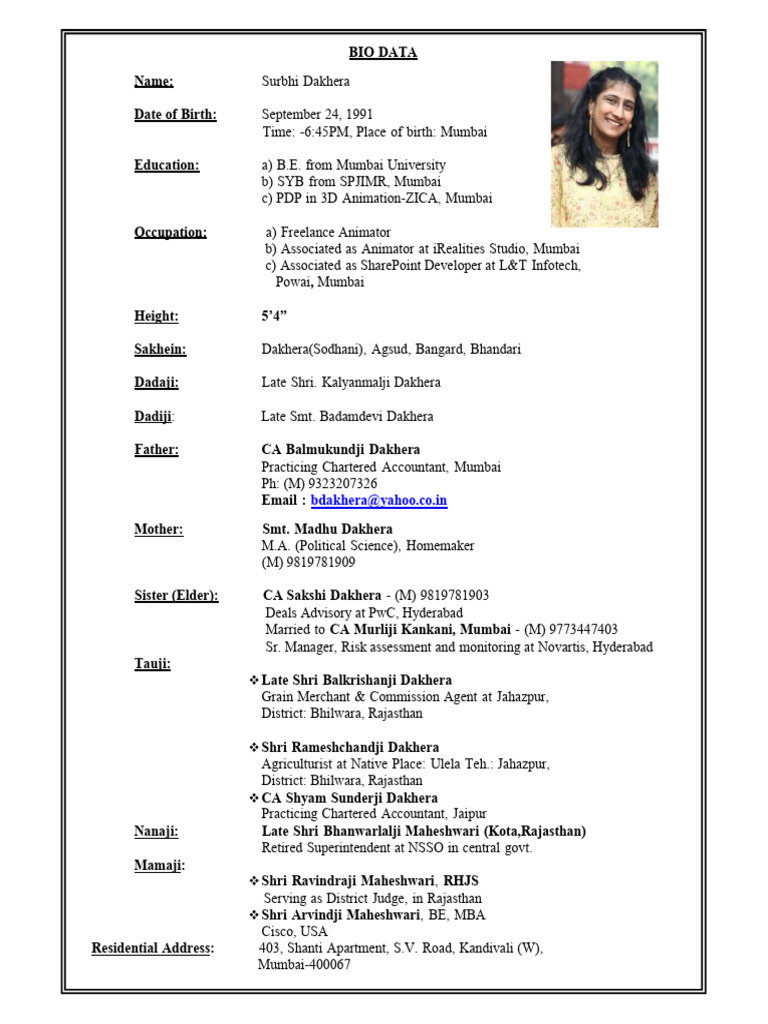 Surbhi Dakhera - Bio Data-1 | PDF