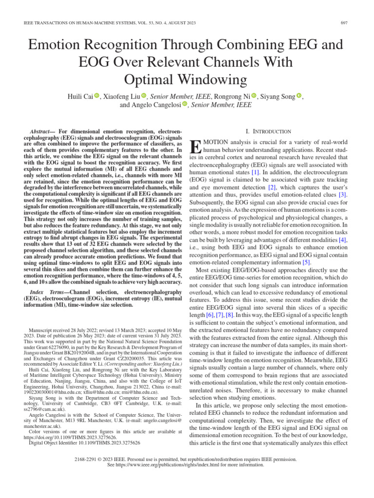 Emotion Recognition Through Combining EEG and EOG Over Relevant Channels With Optimal Windowing ...
