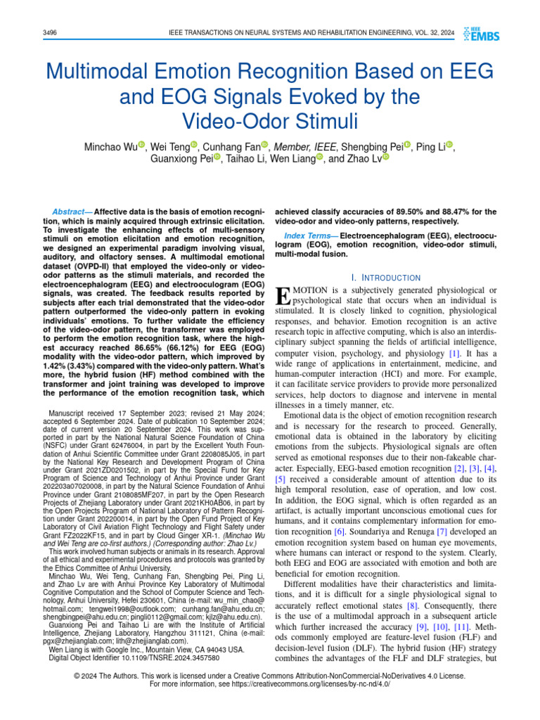 Multimodal Emotion Recognition Based On EEG and EOG Signals Evoked by The Video-Odor Stimuli ...
