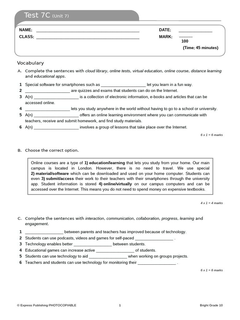Bright gr10 Test 7C - Unit 7 | PDF | Educational Technology | Human ...