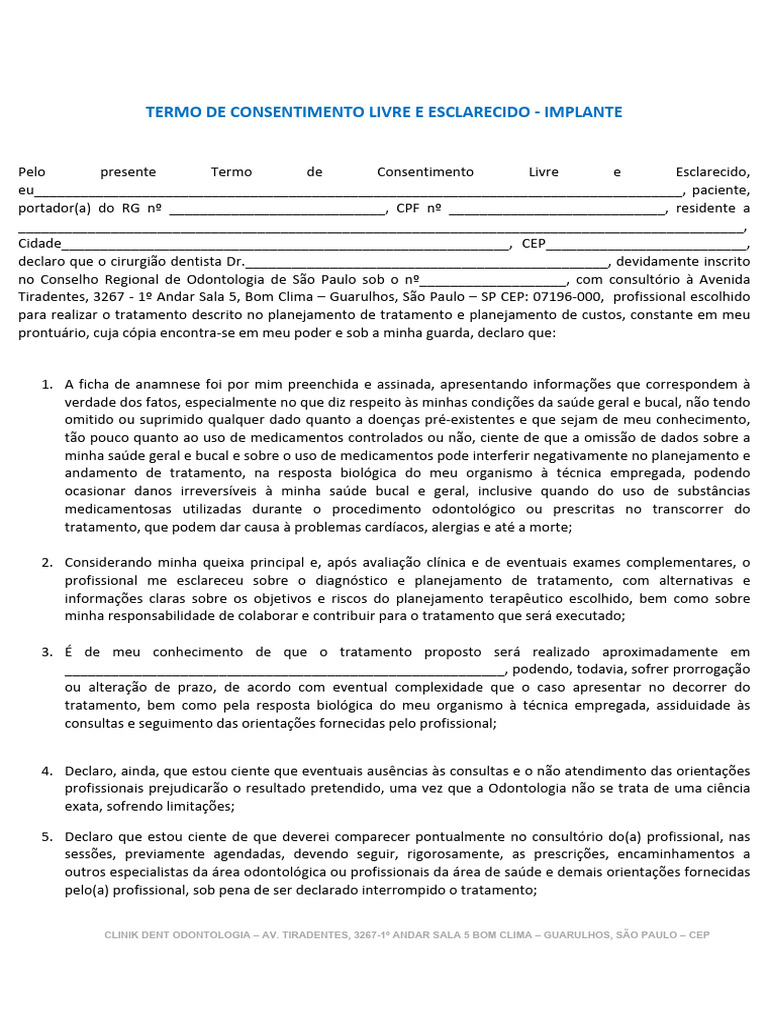 Termo de Consentimento Odontológico | PDF | Odontologia | Dente humano