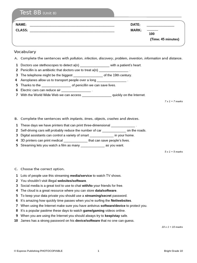 Test 8B: Unit 8 Assessment | PDF | Speech