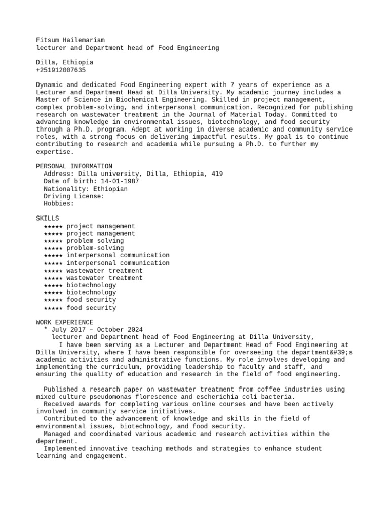 Fish Fitsum - Resume - Lecturer and Department Head of Food Engineering ...