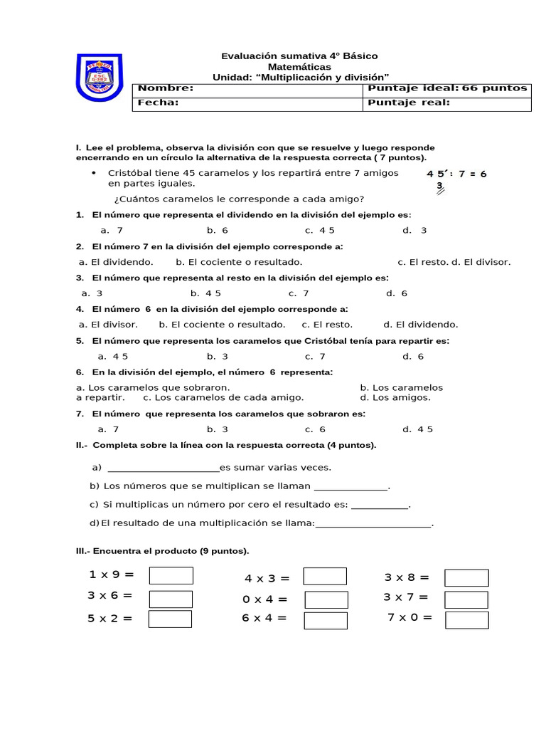 Prueba Multiplicacion y Division 4 Basico | PDF | División (Matemáticas ...
