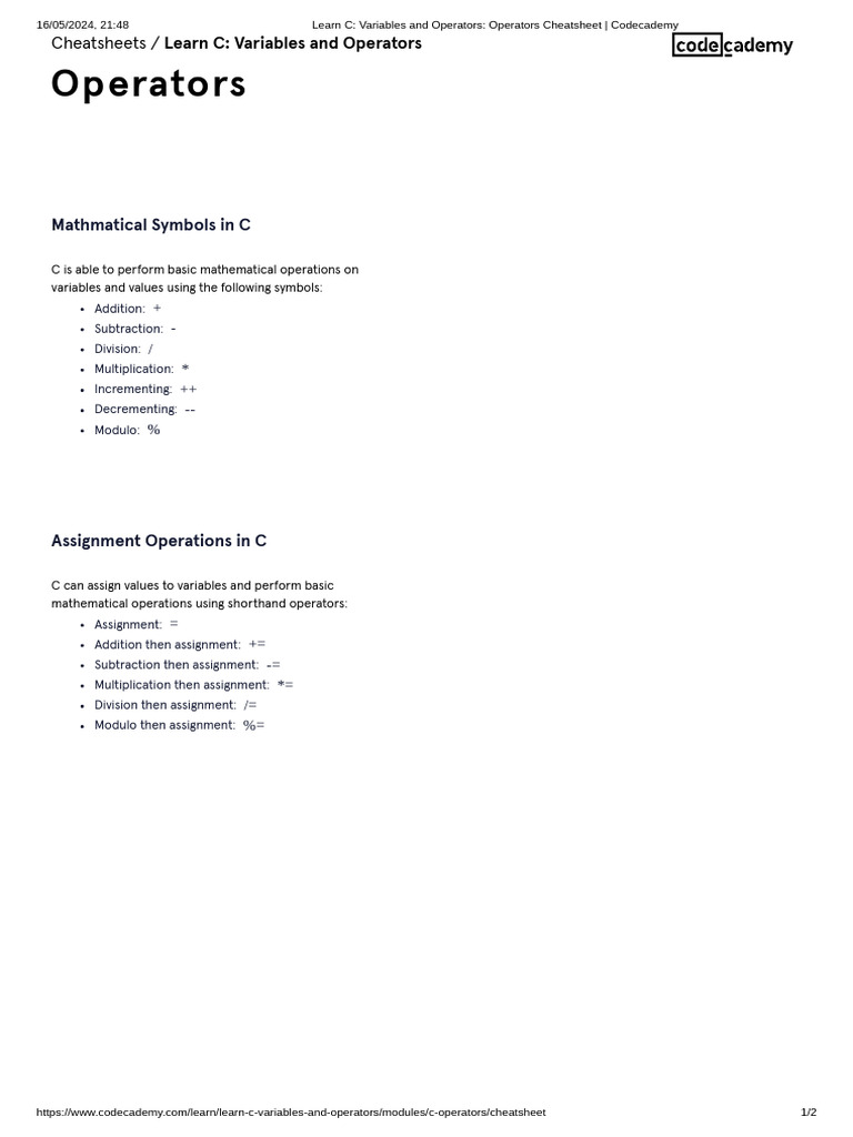 Learn C Operators - Operators Cheatsheet - Codecademy | PDF | Teaching Methods & Materials ...