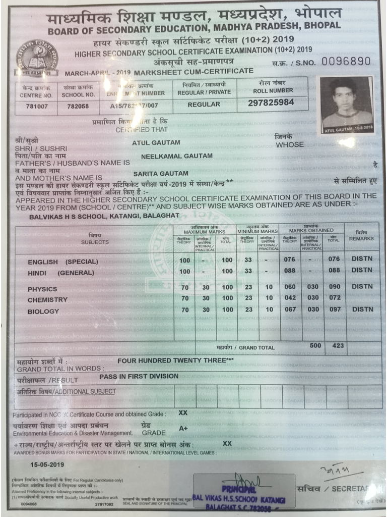 12th Marksheet | PDF
