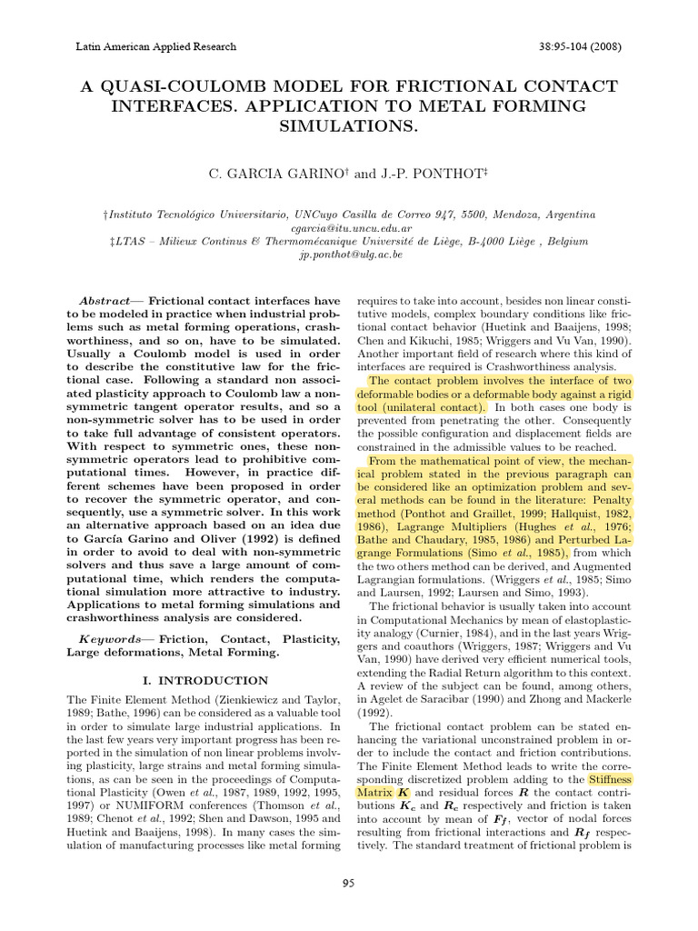 2008 A Quasi Coulomb Model For Frictional Contact Interfaces Application To Metal Forming