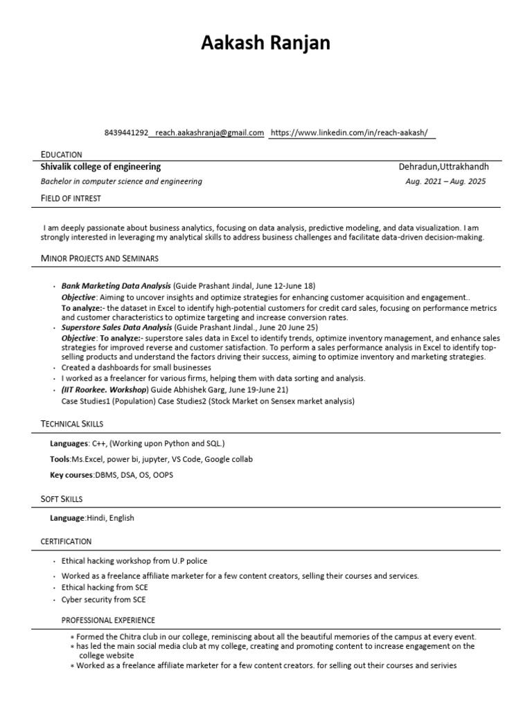Aakash Ranjan Resume | PDF | Data | Marketing Aakash Ranjan Resume | PDF | Data | Marketing