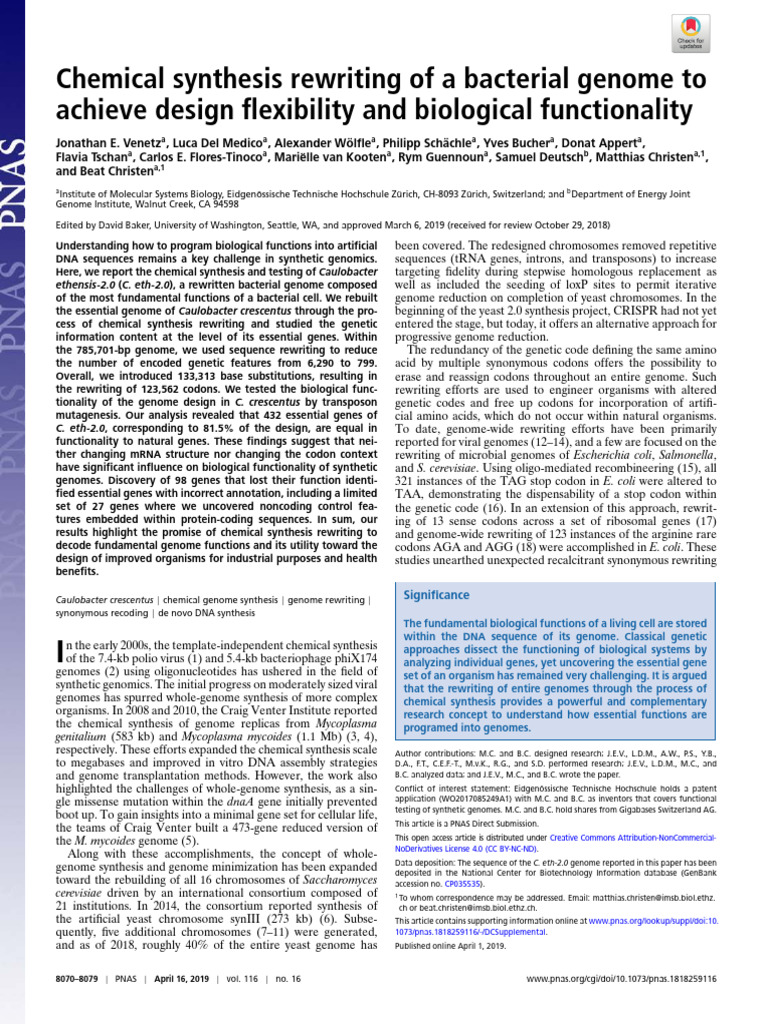 Venetz Et Al 2019 Chemical Synthesis Rewriting of Abacterial Genome To ...