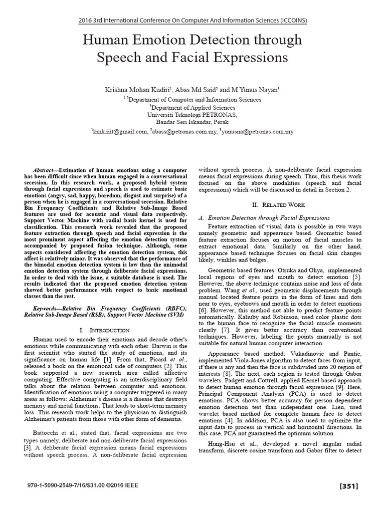 Human Emotion Detection Through Speech and Facial Expressions | PDF ...
