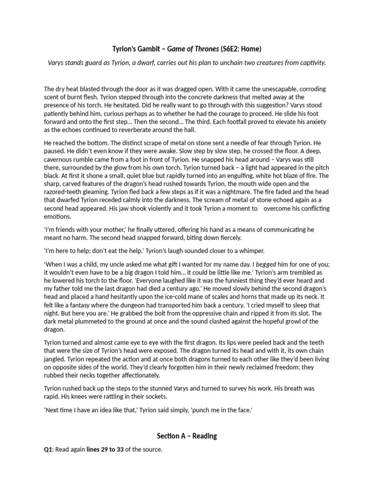 GOT Section A Extract - HWK | PDF | General Fiction