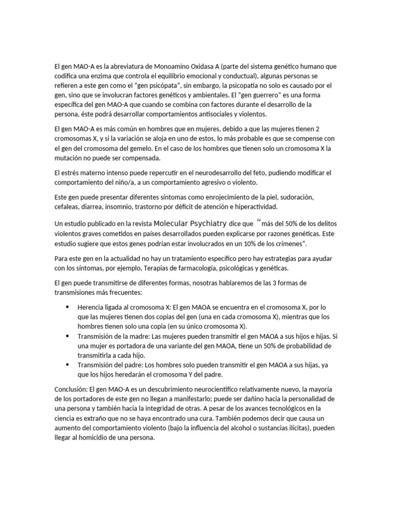 Impacto del gen MAO-A en la conducta | PDF | Gene | Psicopatía