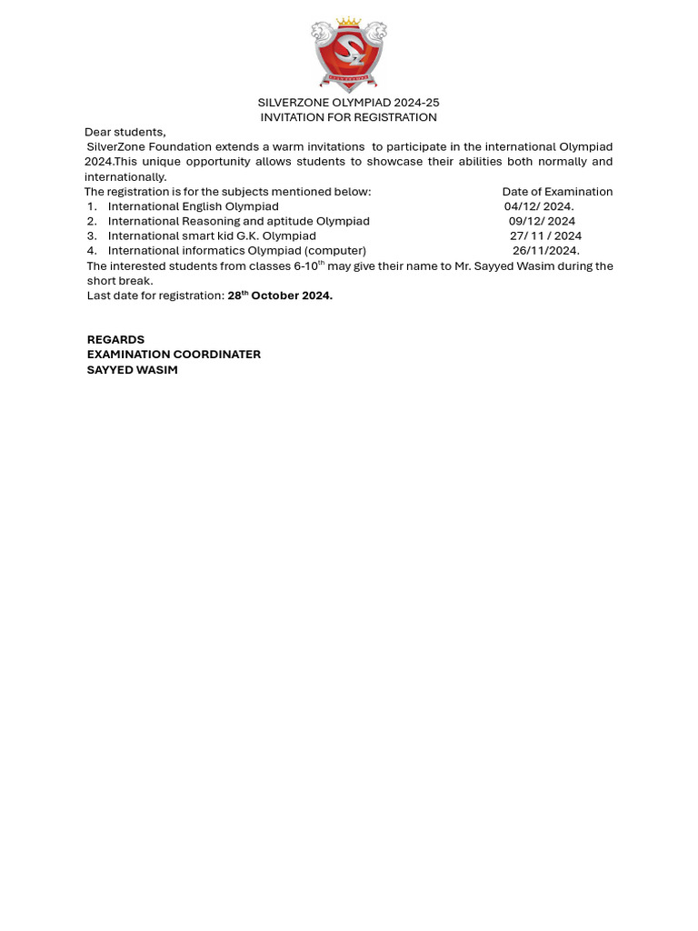 SilverZone Olympiad 2024-25 Registration | PDF | Business