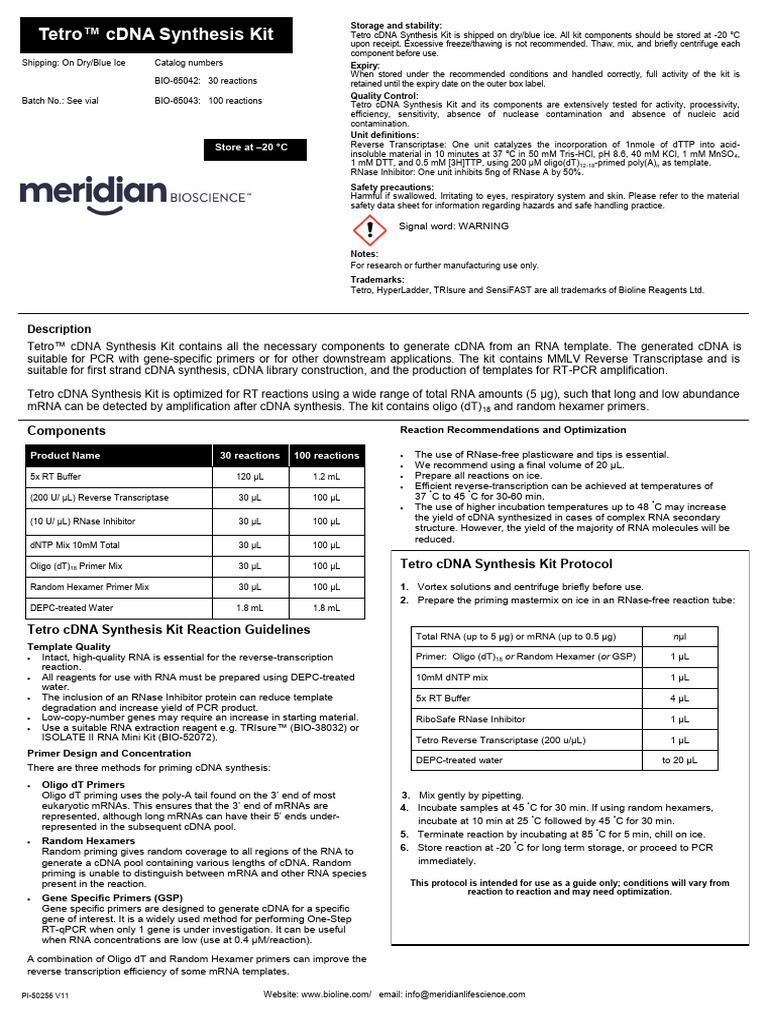 Pi-50256 Tetro Cdna Synthesis Kit v11 | PDF | Complementary Dna ...