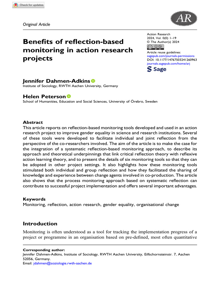 Dahmen Adkins Peterson 2024 Benefits of Reflection Based Monitoring in Action Research Projects ...