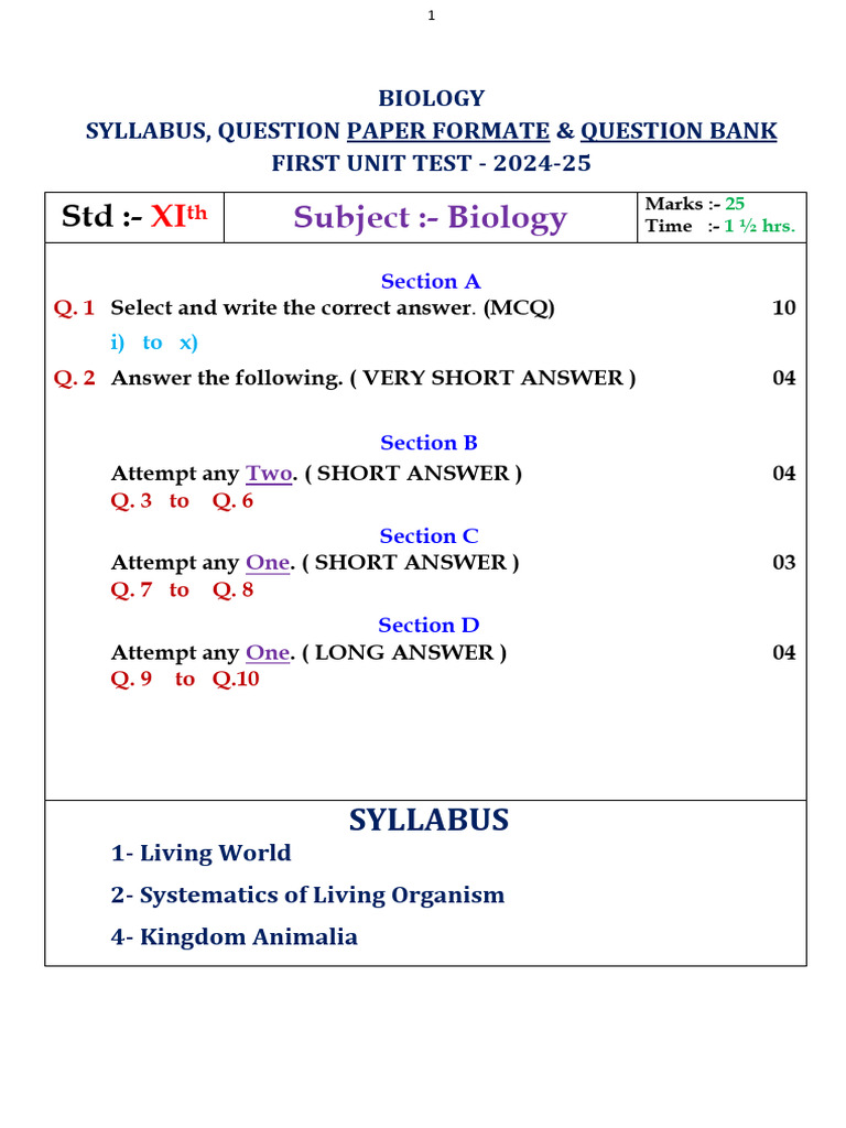 Class 11 Biology First Unit Test 2024 | PDF | Fungus | Organisms