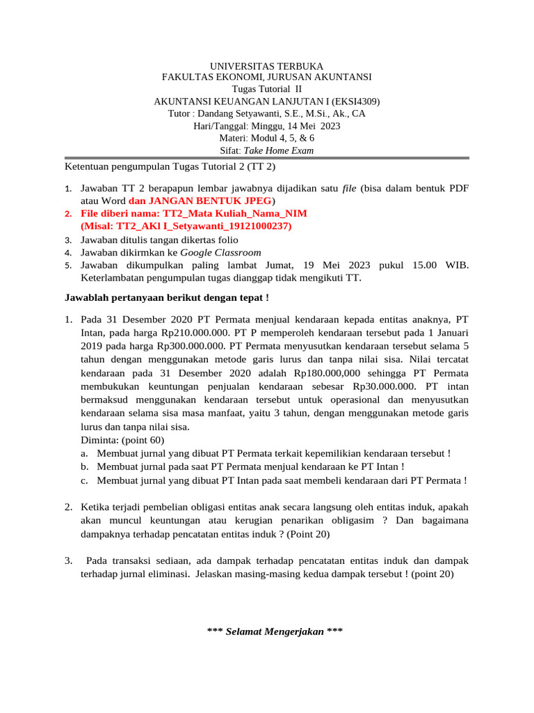 Soal TT 2 - EKSI4309 - AKL I - 14 Mei 2023 | PDF