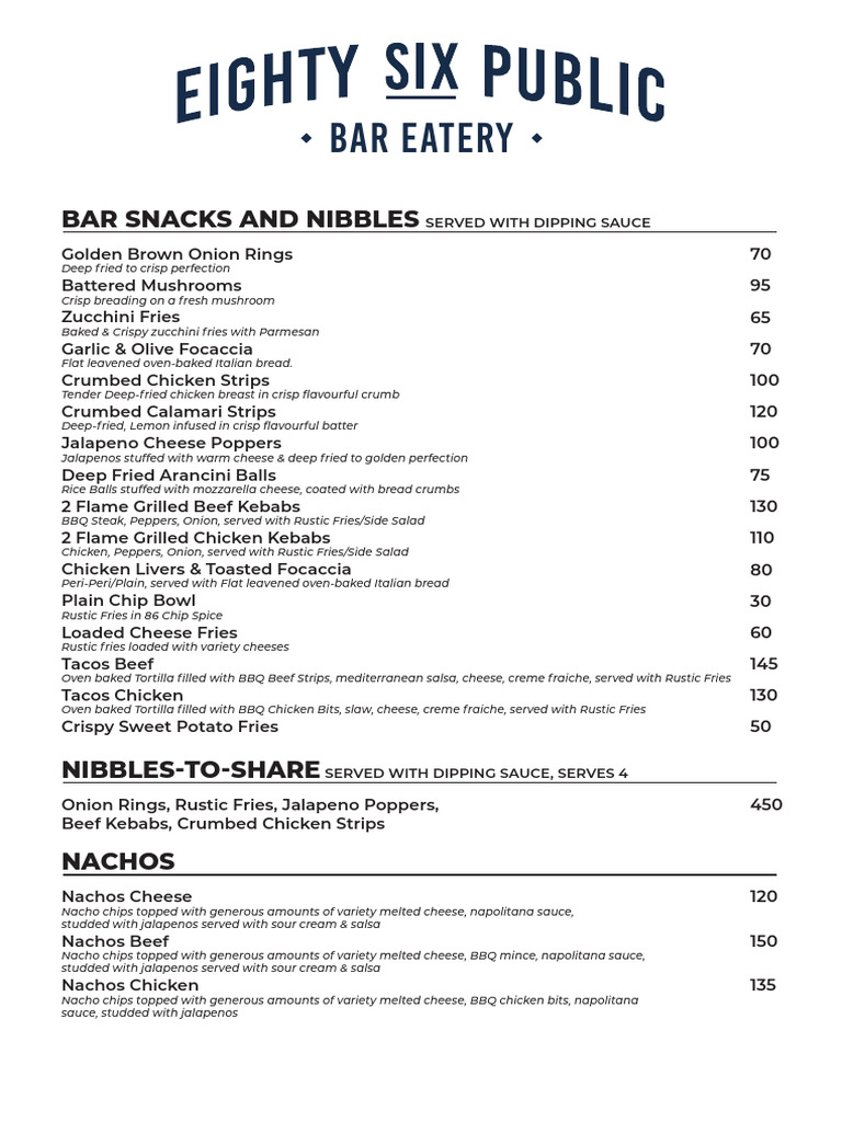 86 Public Food Menu V2 2 | PDF | Hamburgers | Pizza