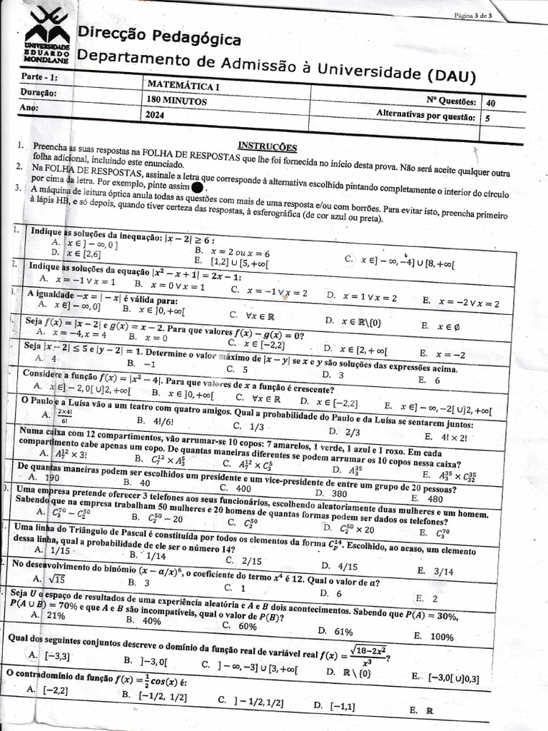 Exame Matematica I UEM 2024 | PDF | Analise matemática | Matemática