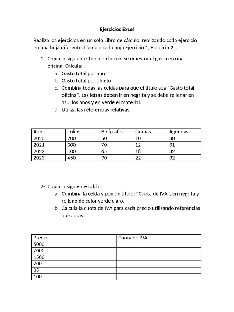 Ejercicios Excel | PDF