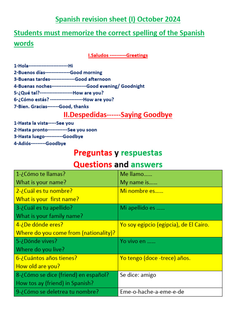 Spanish Revision Sheet | PDF | Métodos y materiales de enseñanza
