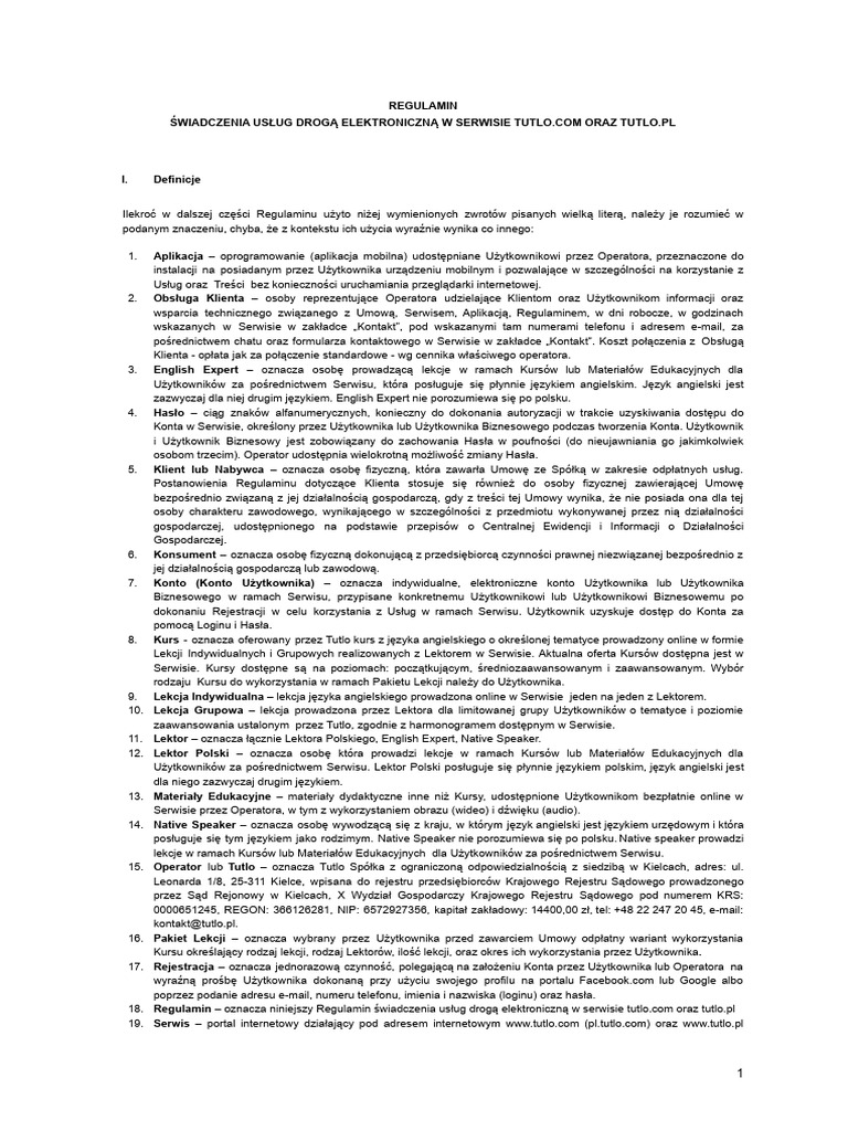 Tutlo Regulamin | PDF