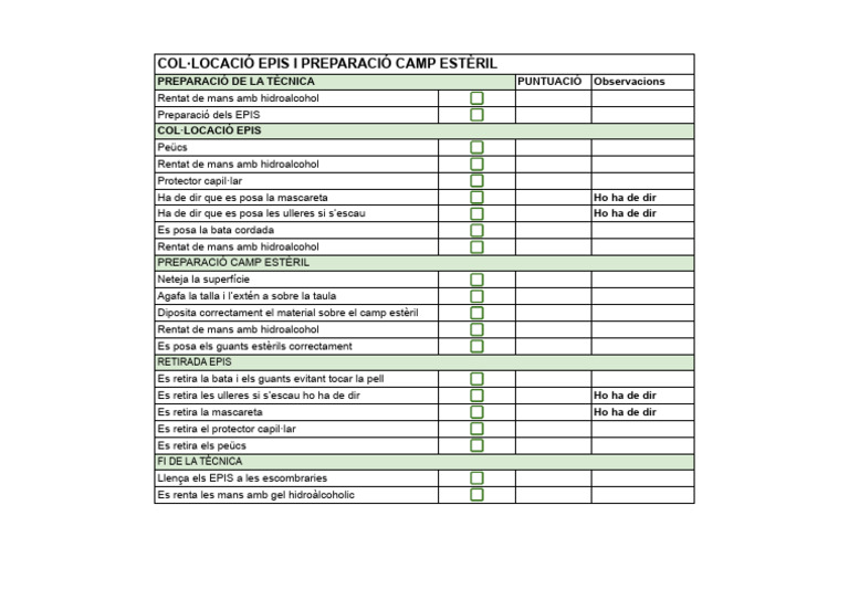 Graella Observació EPIS I Camp Estèril - Full 1 | PDF