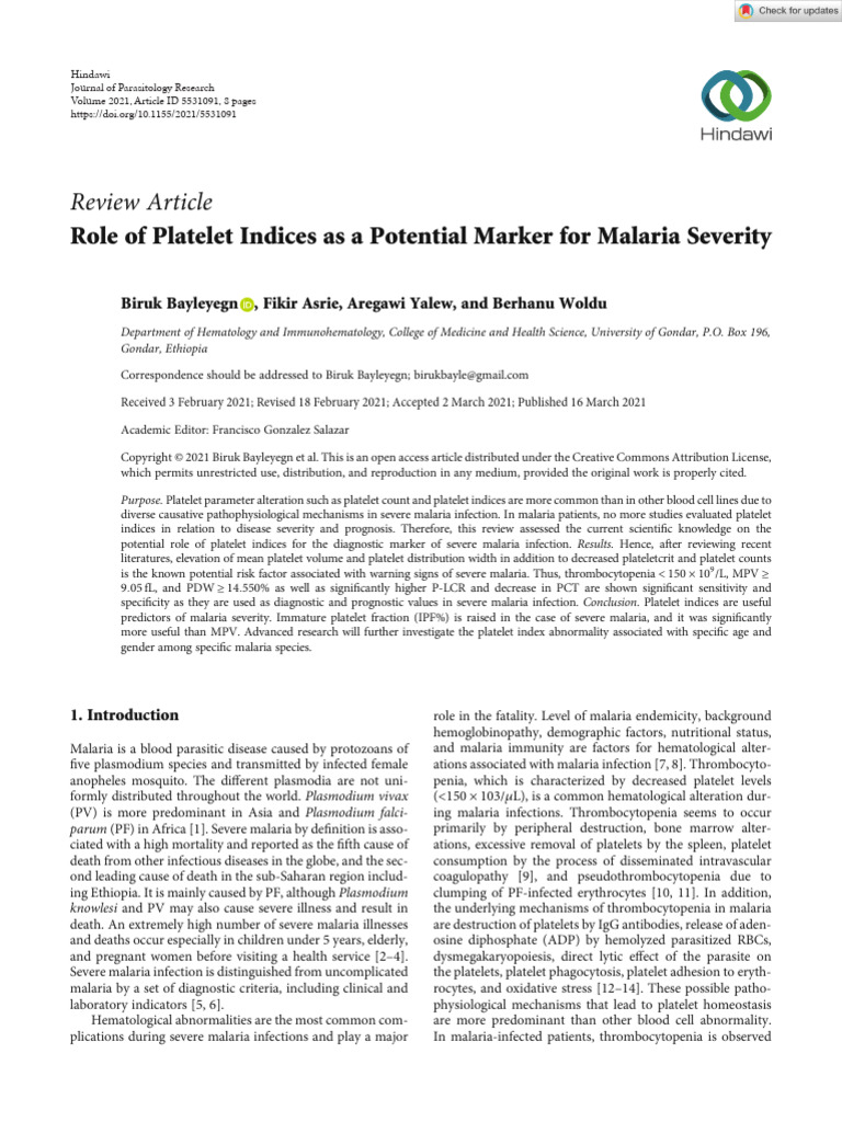 Journal of Parasitology Research - 2021 - Bayleyegn - Role of Platelet ...