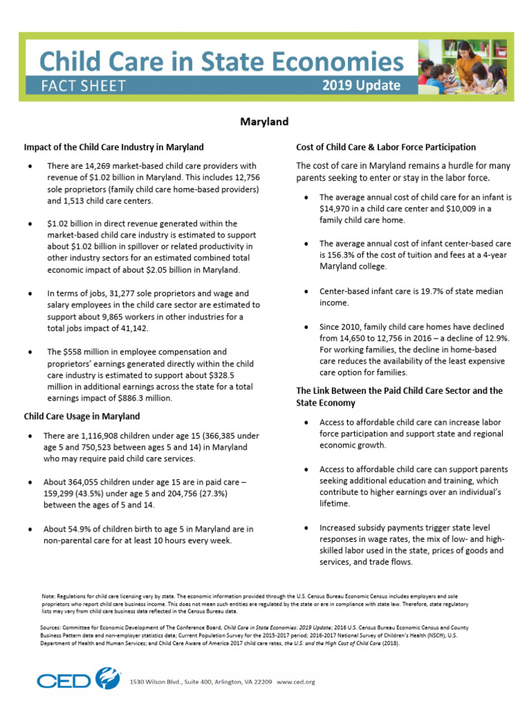 Maryland Fact Sheet 1312019 | PDF | Child Care | Employment