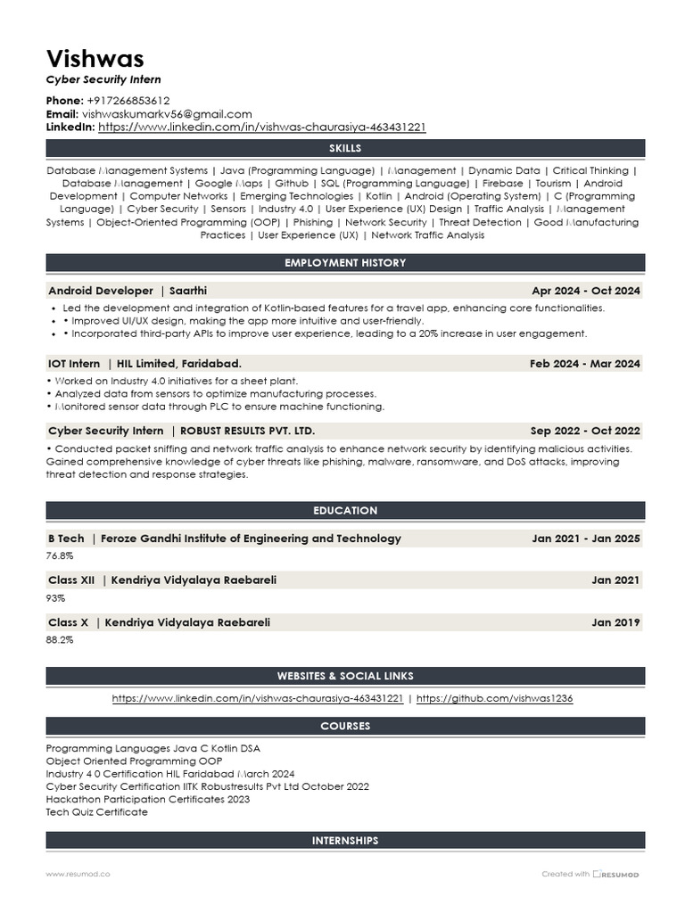 Vishwas Chaurasiya: Cybersecurity Intern Resume | PDF | Computer ...