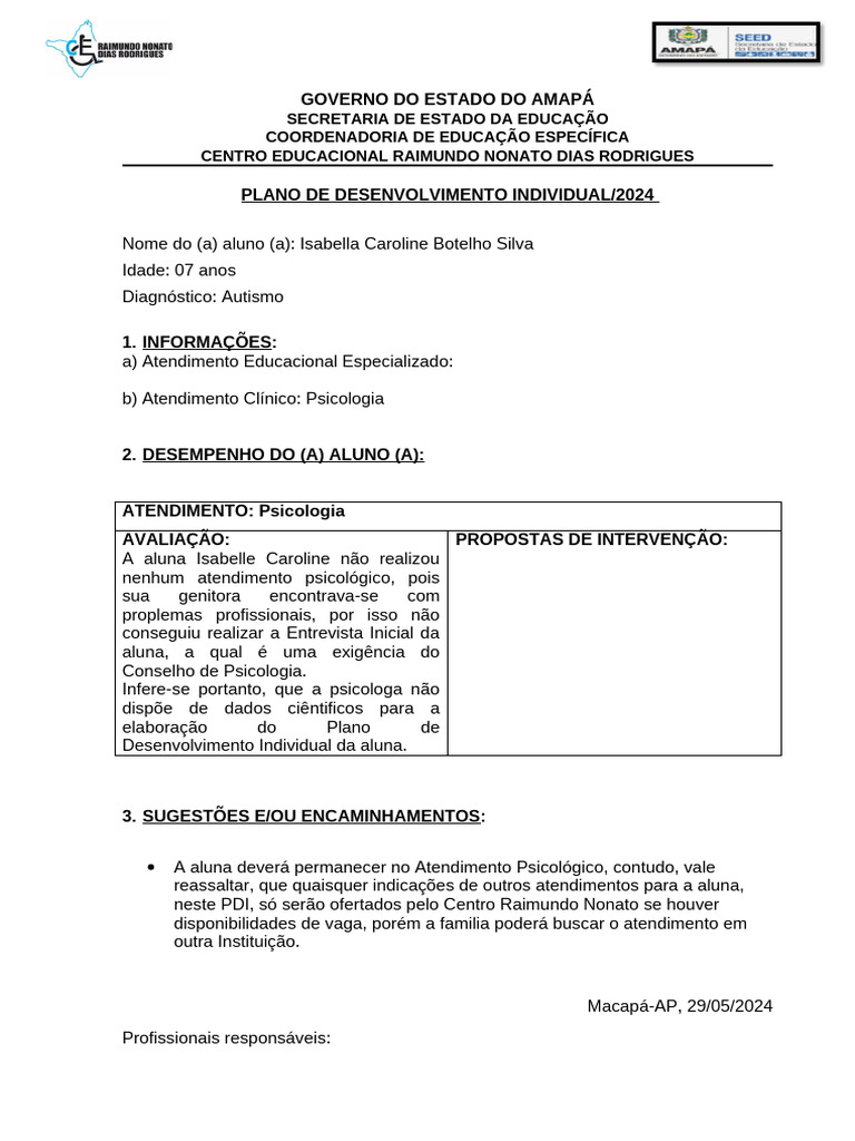 MODELO PDI 2024 - Isabella Caroline | PDF