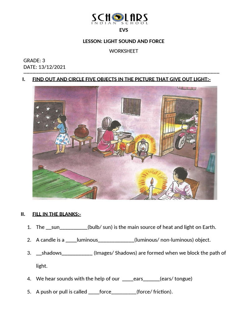 Grade 3 Light, Sound, and Force Worksheet | PDF | Light | Shadow