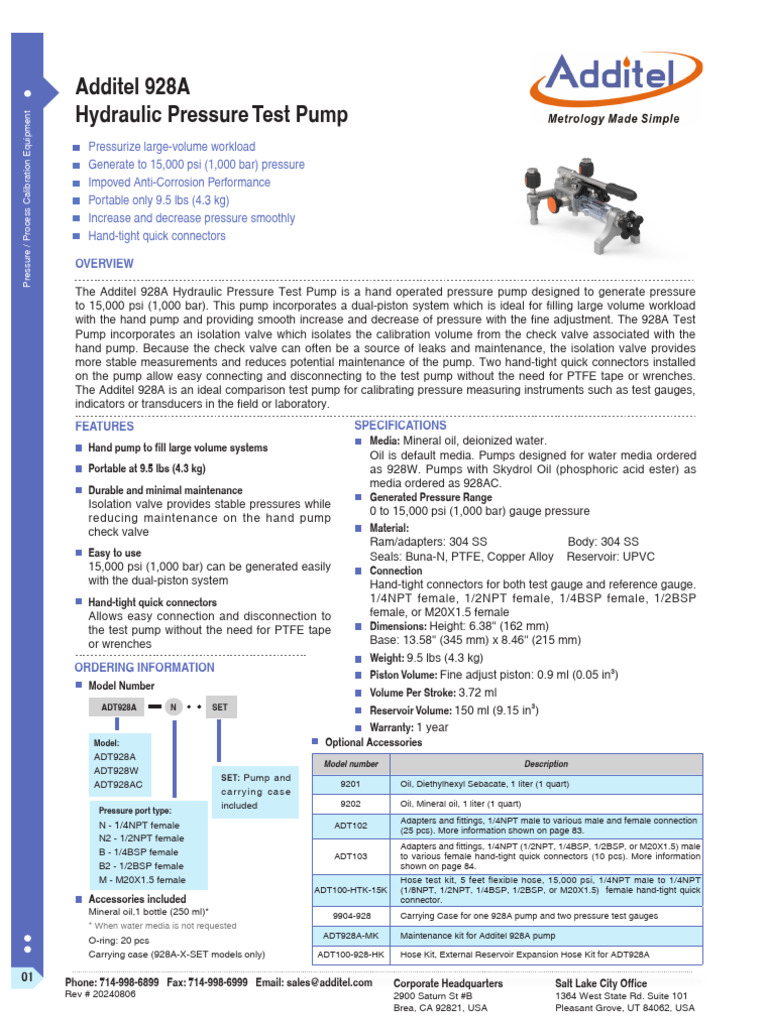 Additel 928A Hydraulic Pressure Pump | PDF | Pump | Calibration