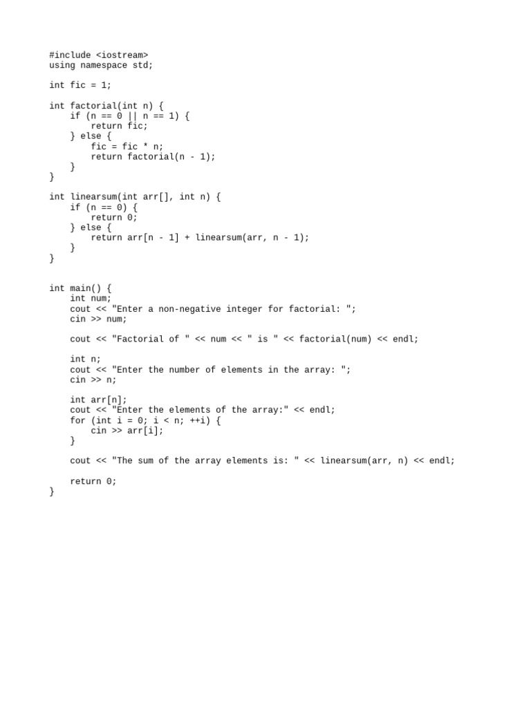 Factorial and Array Sum Program | PDF | Technology & Engineering