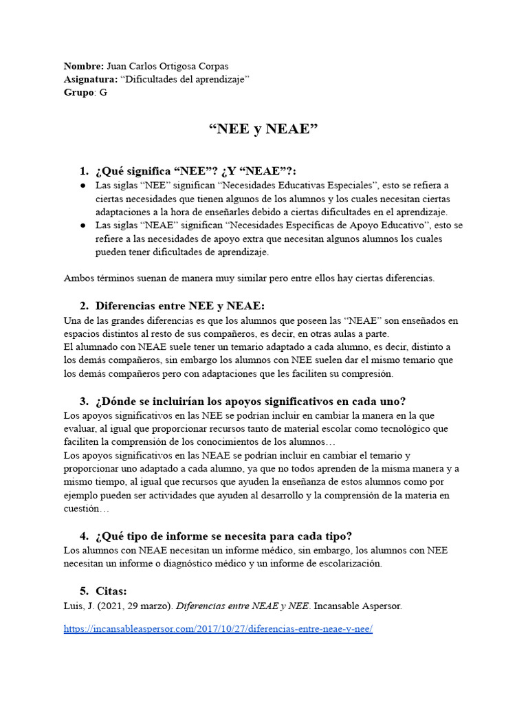 Diferencias entre NEE y NEAE en educación | PDF | Cognición | Enseñando
