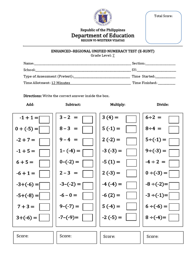 ERUNT Pretest Grade 7 | PDF