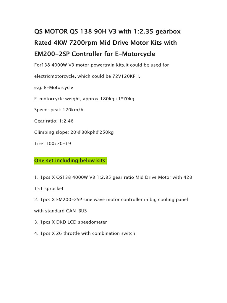 138 4000W V3 Motor Powertrain Kits | PDF