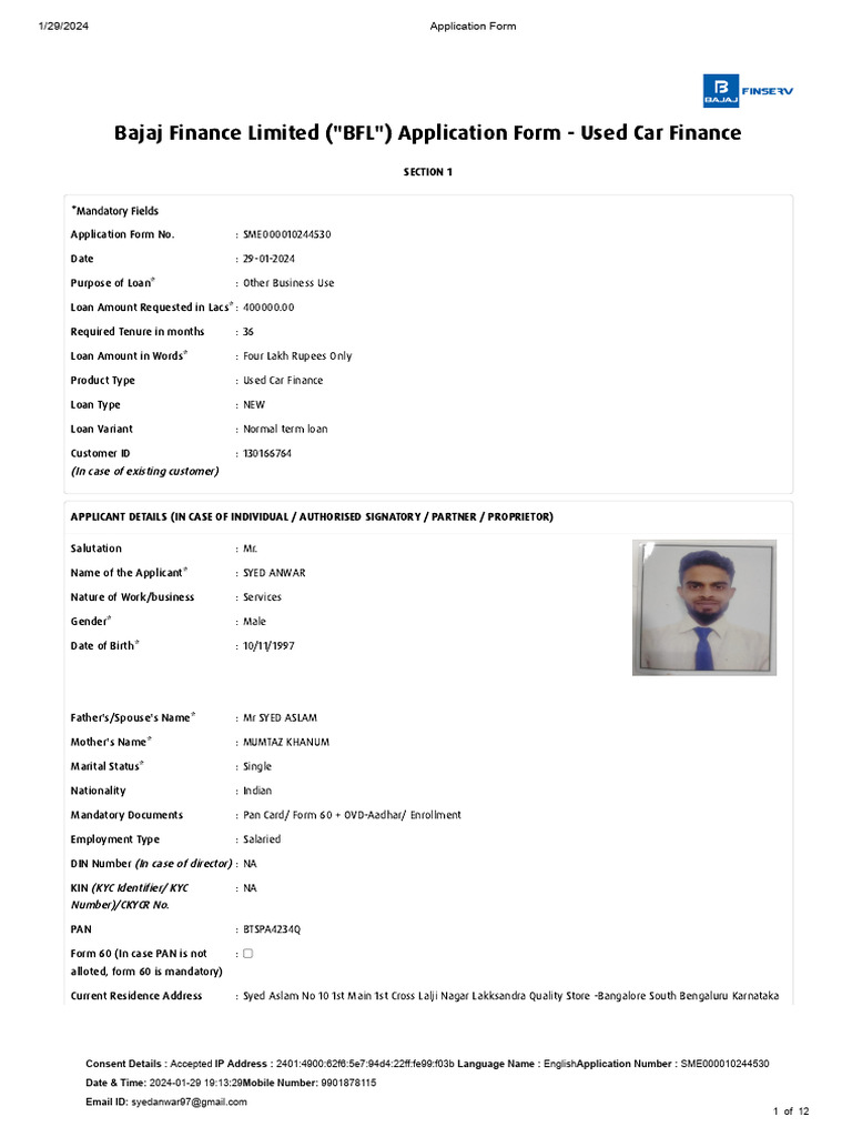 Used Car Finance Application Form | PDF | Loans | Money