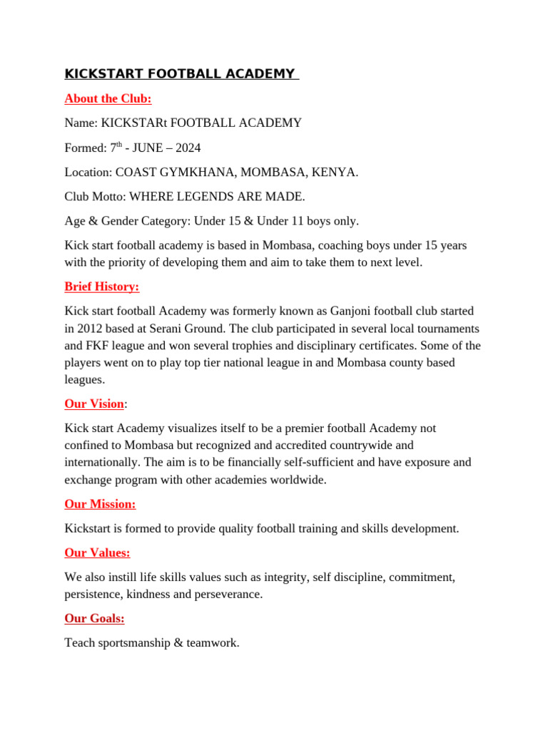Kick Start Profile | PDF | Sports & Recreation