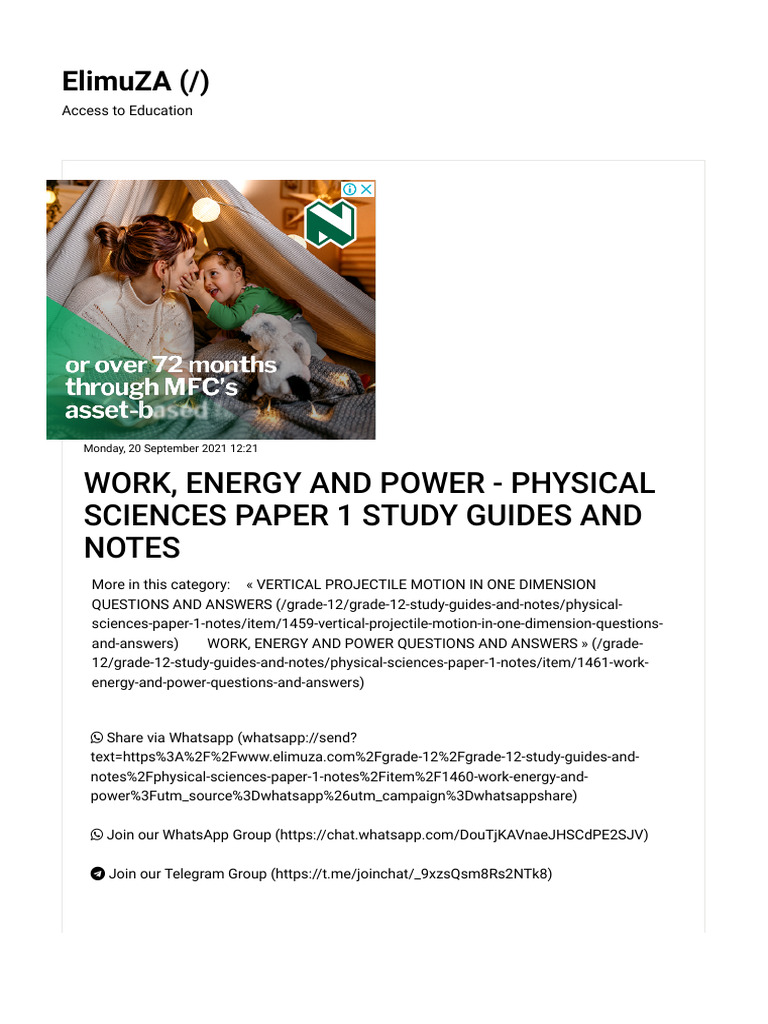WORK, ENERGY AND POWER - PHYSICAL SCIENCES PAPER 1 STUDY GUIDES AND ...
