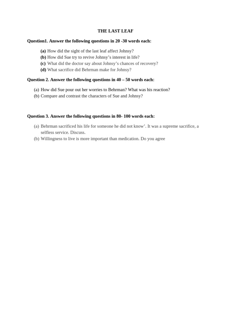 The Last Leaf - Worksheet | PDF