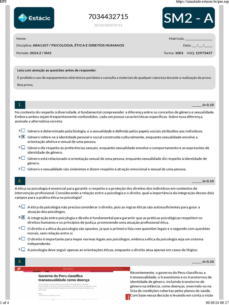 Prova Etica Gab | PDF | Psicologia | Gênero