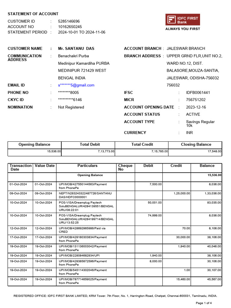 Account Statement for Mr. Santanu Das | PDF | Banks | Debit Card
