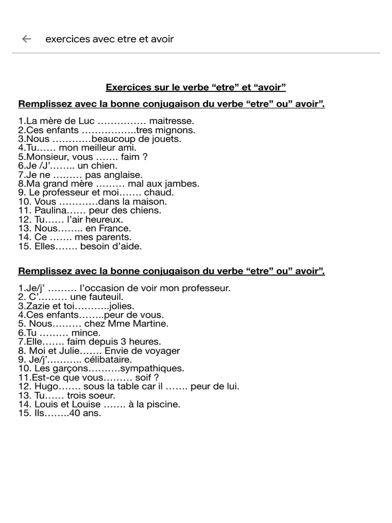 Exercices Avec Etre Et Avoir | PDF