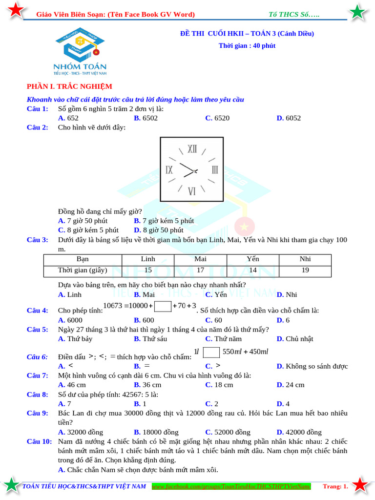 T3 HK2 ĐỀ SỐ 1 CD NV18 TỔ TIỂU HỌC 123 2024 | PDF